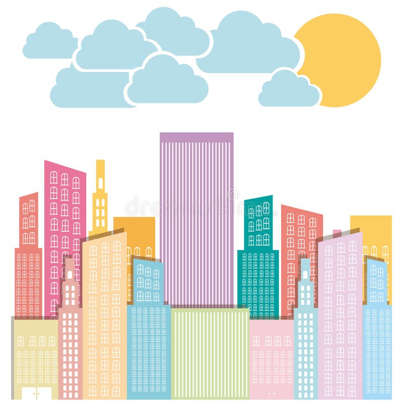 Color City Builds with Clouds and Sun Stock Illustration - Illustration ...