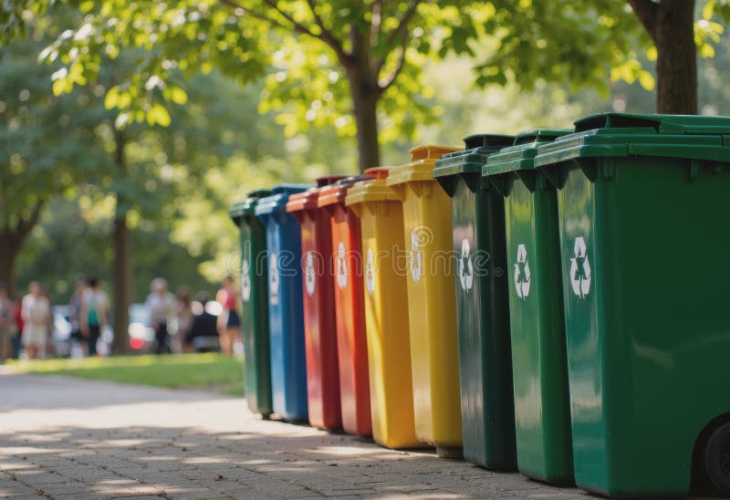 Color-coded Bins for Materials Sorting in a Park Setting Stock Photo ...