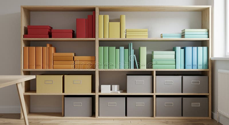 Color Coded Books and Boxes on Shelf Stock Illustration - Illustration ...