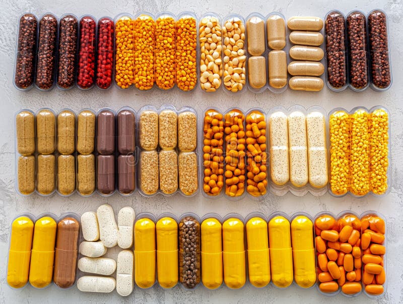 Color Coded Capsule Rows in Precise Symmetrical Structure Sorted by ...