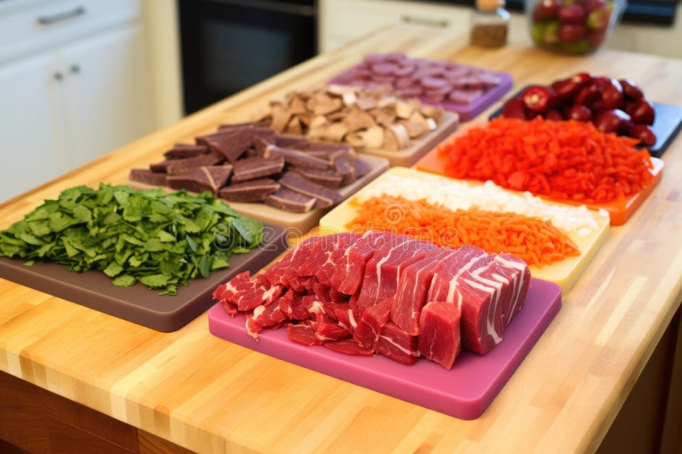 Color-coded Chopping Boards for Meat, Vegetables, and Dairy Stock Image ...