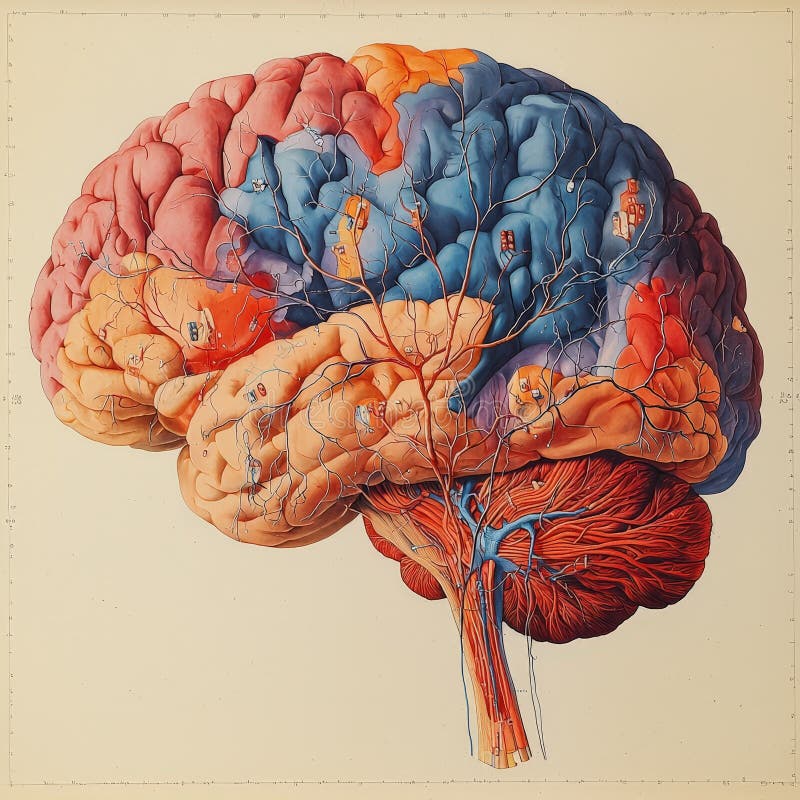 Color-coded Illustration of Human Brain Sections Stock Photo - Image of ...