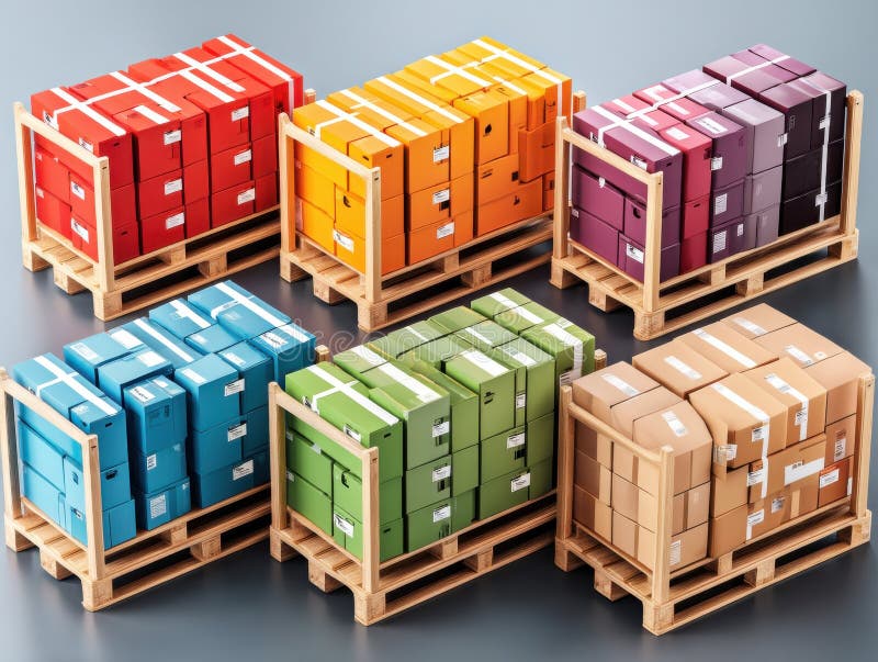 Color-coded Pallets of Organized Boxes in a Warehouse Storage Space ...