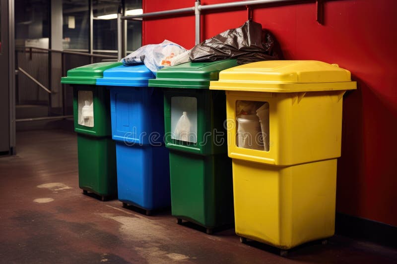 Color-coded Recycling Bins in a Garage Corner Stock Illustration ...