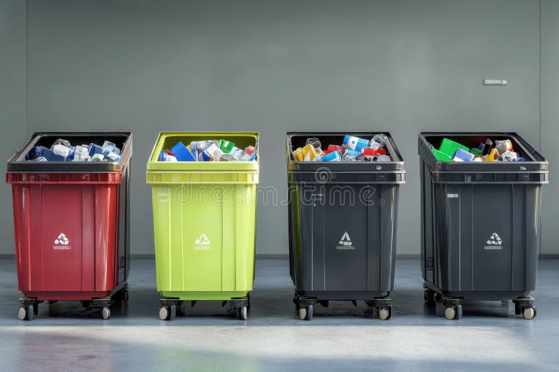 Color-coded Recycling Bins Organized Neatly in an Indoor Space for ...