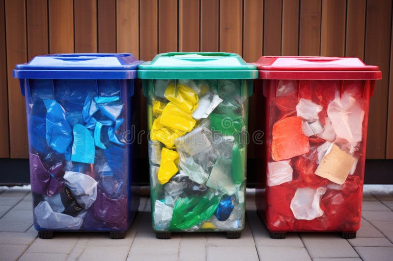 Color-coded Recycling Bins for Paper, Plastic, and Glass Stock Photo ...