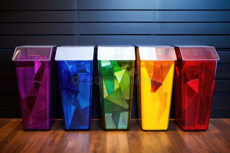Color-coded Recycling Bins for Paper, Plastic, and Glass Stock Image ...