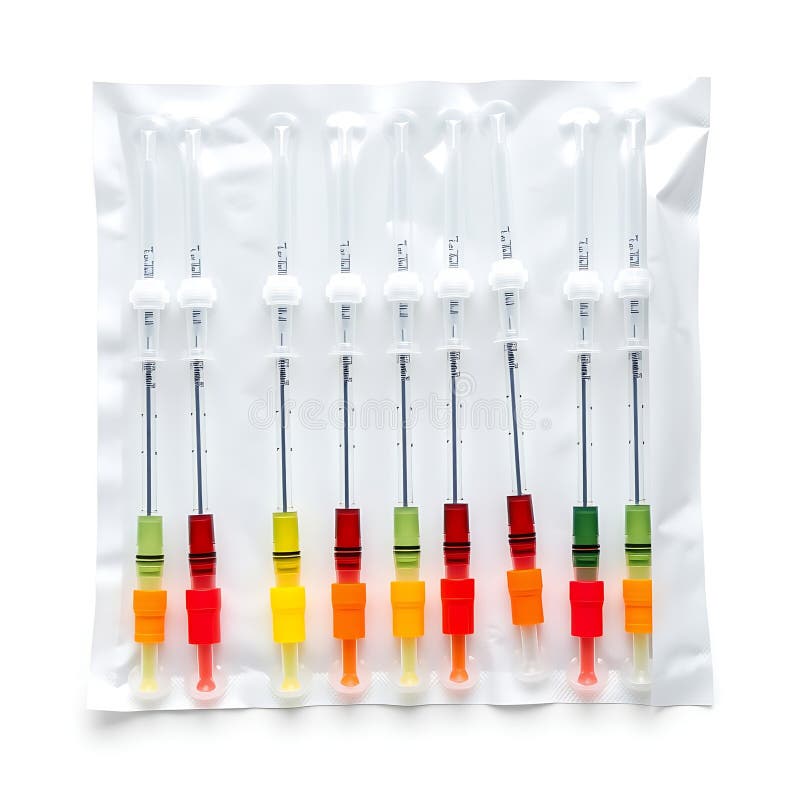 A Color Coded Set of IV Cannulas in Sterile Packaging Isolated on White ...