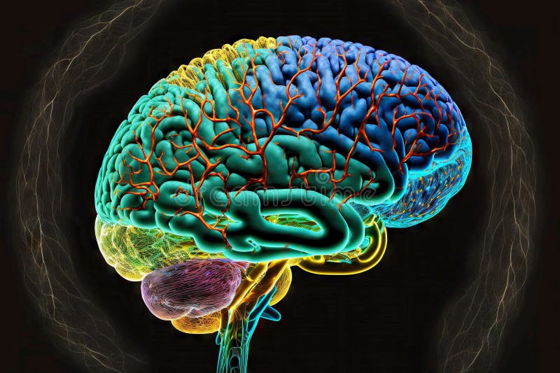 Color Conventional Image of Head with Human Brain on Black Background ...
