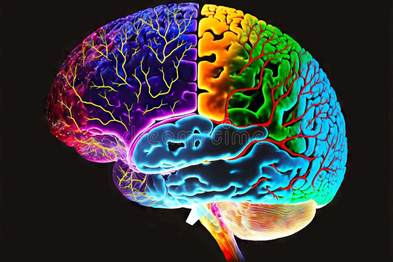 Color Conventional Image of Head with Human Brain on Black Background ...