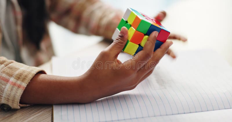 Color, Cube and Puzzle on Hands, Kid and Closeup of Student in ...