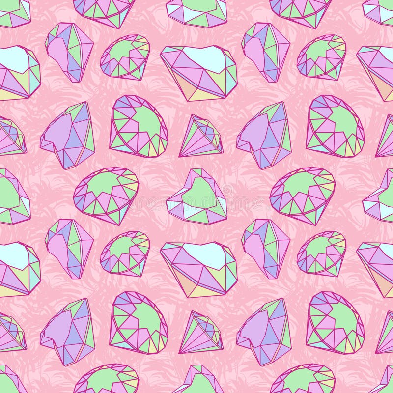 Hand Painted Watercolor and Ink Pink Crystals Seamless Pattern on the ...