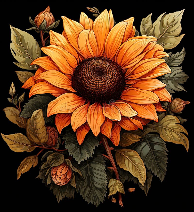 Color Drawing of a Large Sunflower Flower Stock Illustration ...