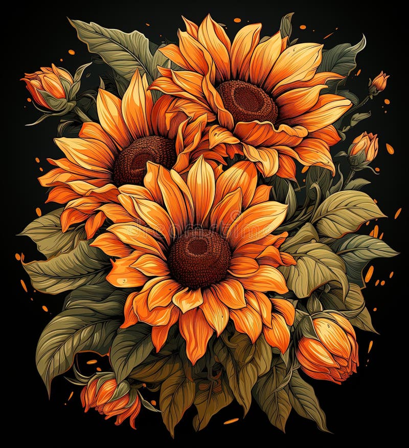 Color Drawing of a Large Sunflower Flower Stock Illustration ...