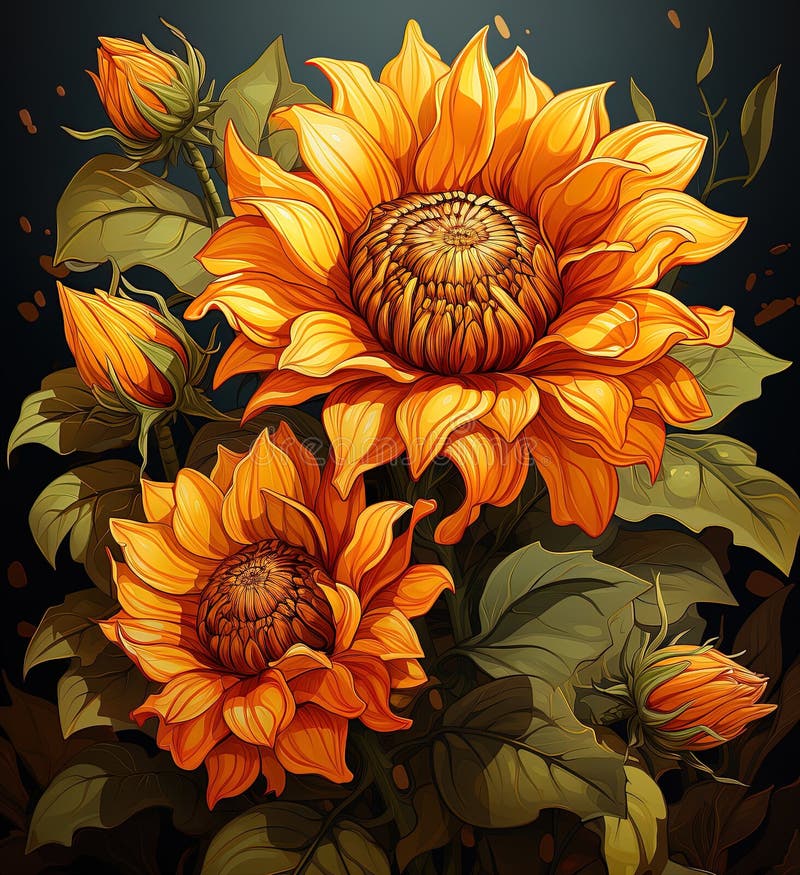 Color Drawing of a Large Sunflower Flower Stock Illustration ...