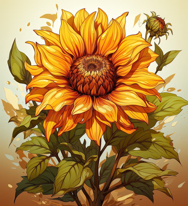 Color Drawing of a Large Sunflower Flower Stock Illustration ...