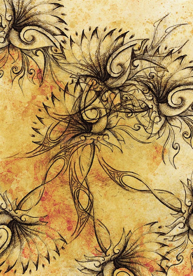 Color Drawing of Ornamental Flower Structure. Original Hand Drawn and ...