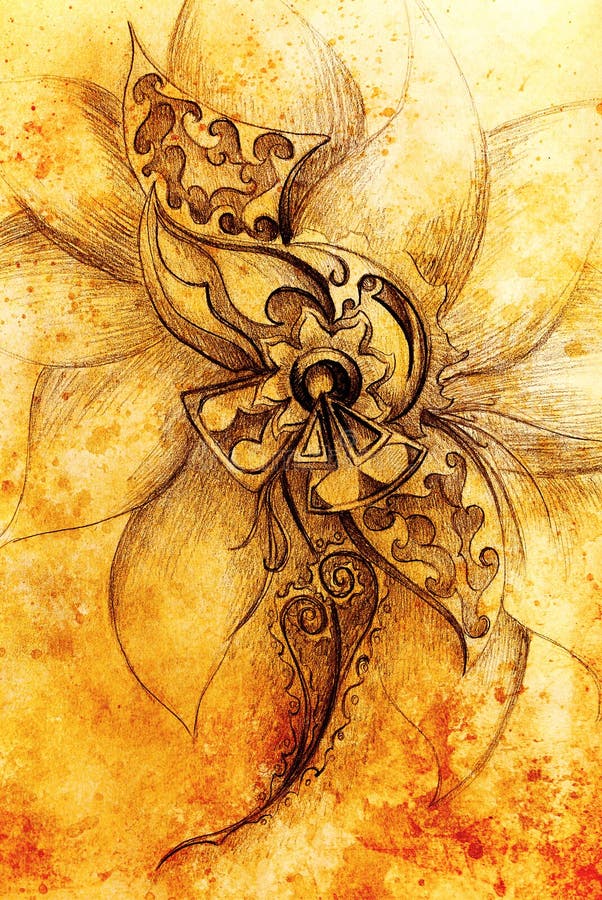 Color Drawing of Ornamental Flower Structure. Original Hand Drawn and ...