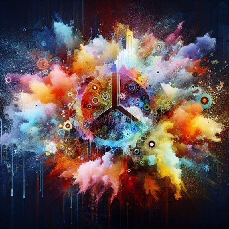 A Color Explosion of Paint Render a Steampunk Geared Poly Peace Symbol ...