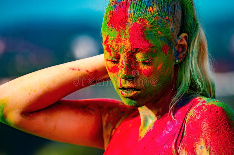 Color Face with a Colorful Holi Splash. Stock Image - Image of female ...