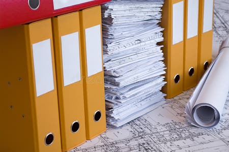 Color File Folders and Heap of Project Drawings Stock Photo - Image of ...