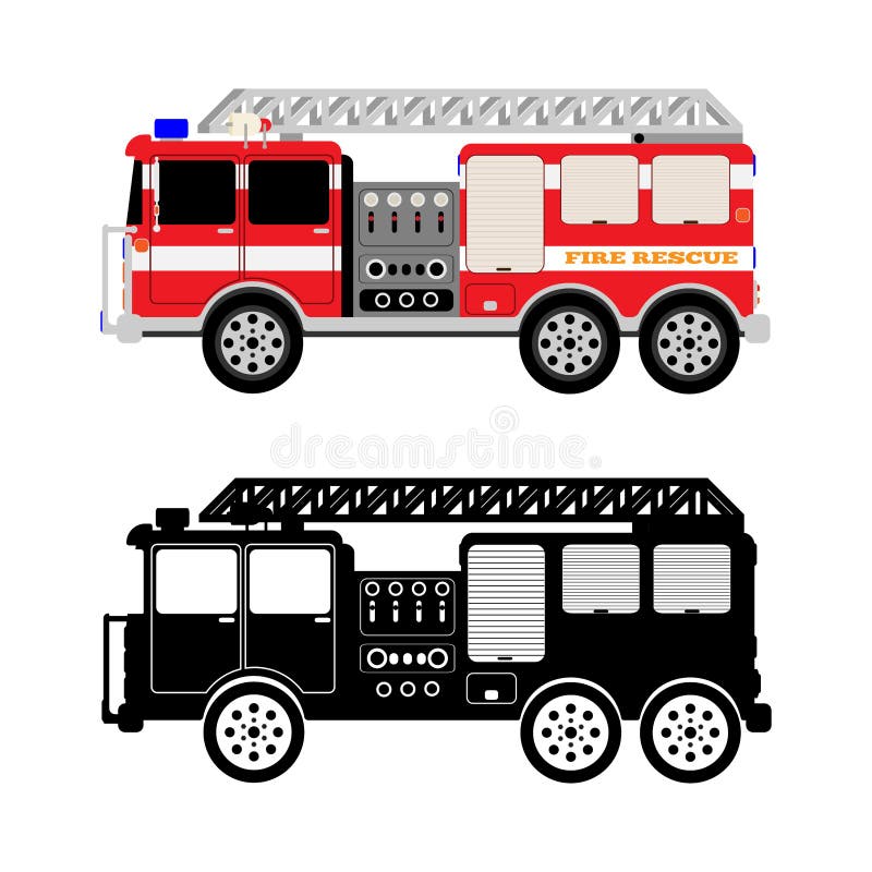 Color Flat Image and Black Silhouette of a Fire Engine. Symbol, Icon ...
