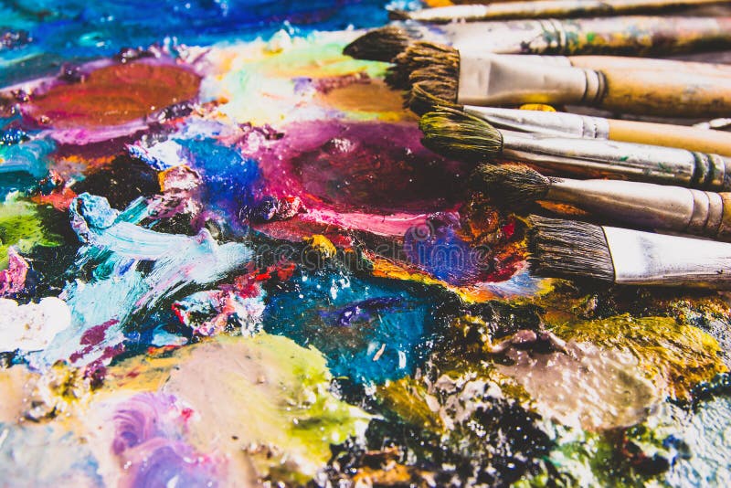 Color Fragments Stained on Paper Sheets from Art and Paint Brushes ...