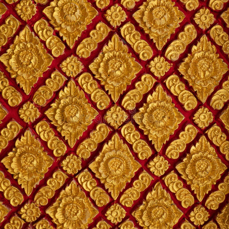 The Color Golden Stucco on Red and Thai Art Wall Pattern Stock Photo ...