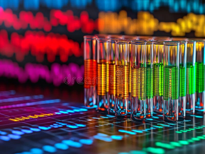 Color Gradient Filled Test Tubes Placed on Data Reflecting Surface with ...