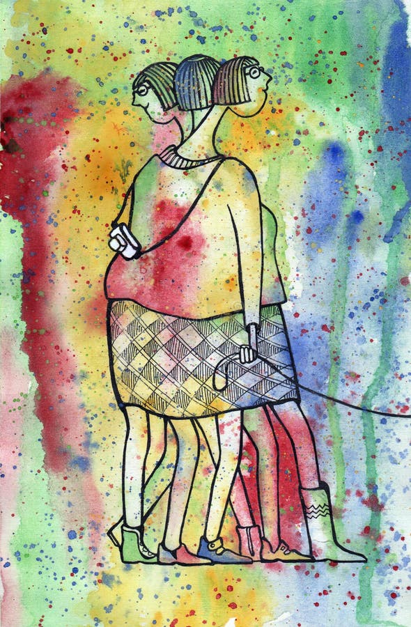 Color Graphic Pattern Girl on a Walk Stock Illustration - Illustration ...