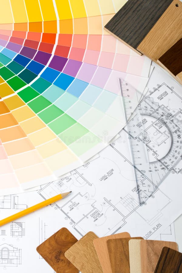 Color Guide, Material Samples and Blueprint Stock Photo - Image of ...