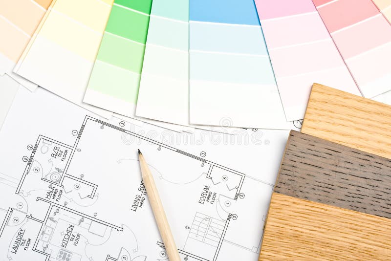 Color Guide, Material Samples and Blueprint Stock Photo - Image of ...