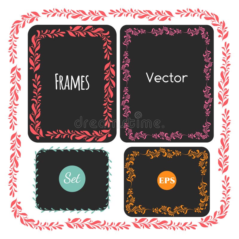 Color Hand Drawn Frames Set, Vector Elements, Floral, Leaves Stock ...