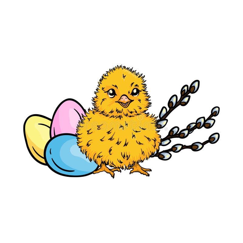 Color Illustration with Chicken, Painted Eggs and Willow Branches ...