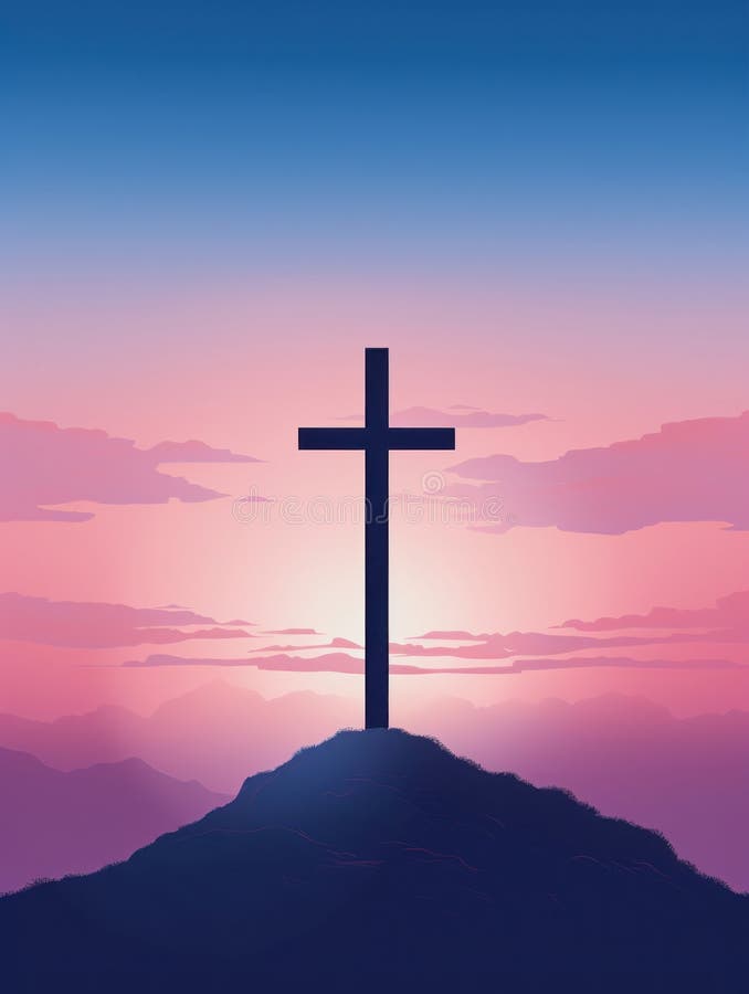 Color Illustration of a Simple Cross Silhouette on a Mountain in Front ...