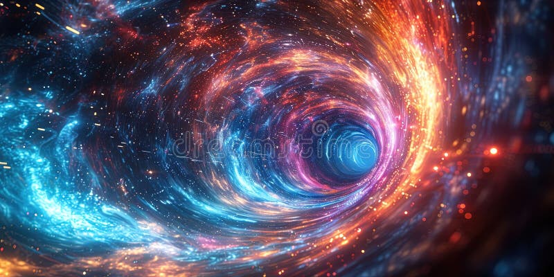 Color Image of a Warp Tunnel in Deep Space. Matter Particles Spin in ...