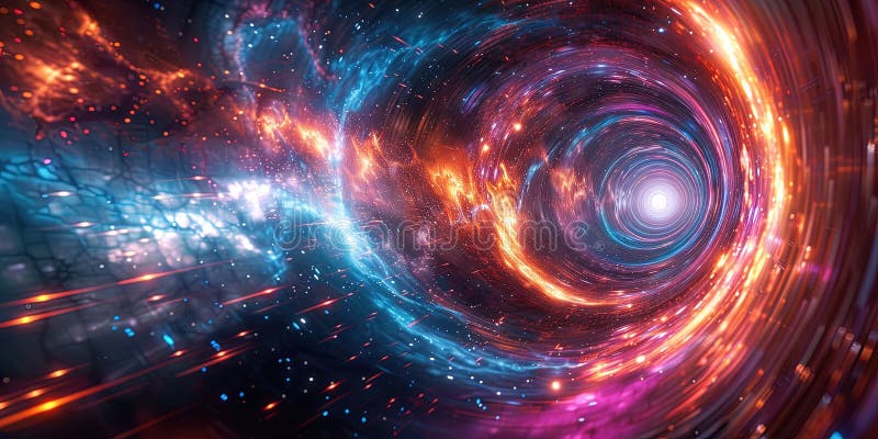 Color Image of a Warp Tunnel in Deep Space. Matter Particles Spin in ...