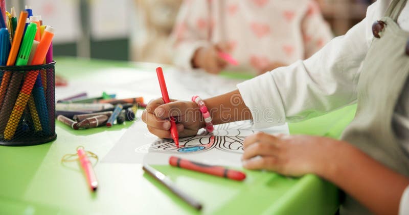 Color, Kindergarten and Drawing with Hands in Classroom for Child ...