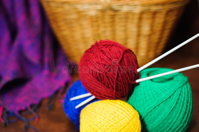 Color Knitting and Balls in the Basket Stock Photo - Image of colour ...