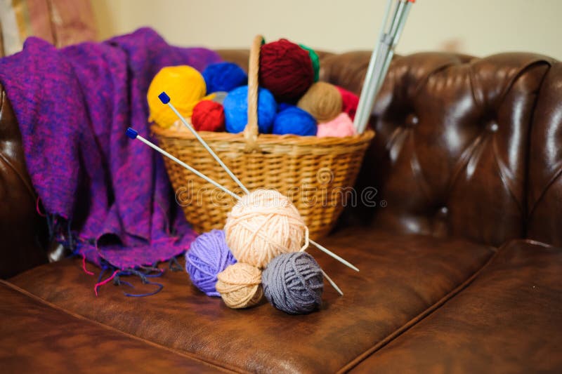 Color Knitting and Balls in the Basket Stock Image - Image of design ...
