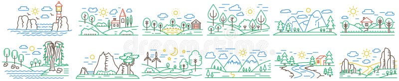 Color Line Different Landscapes Set Stock Vector - Illustration of ...