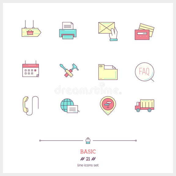 Color Line Icon Set of Basic, Universal Objects and Tools Elements ...