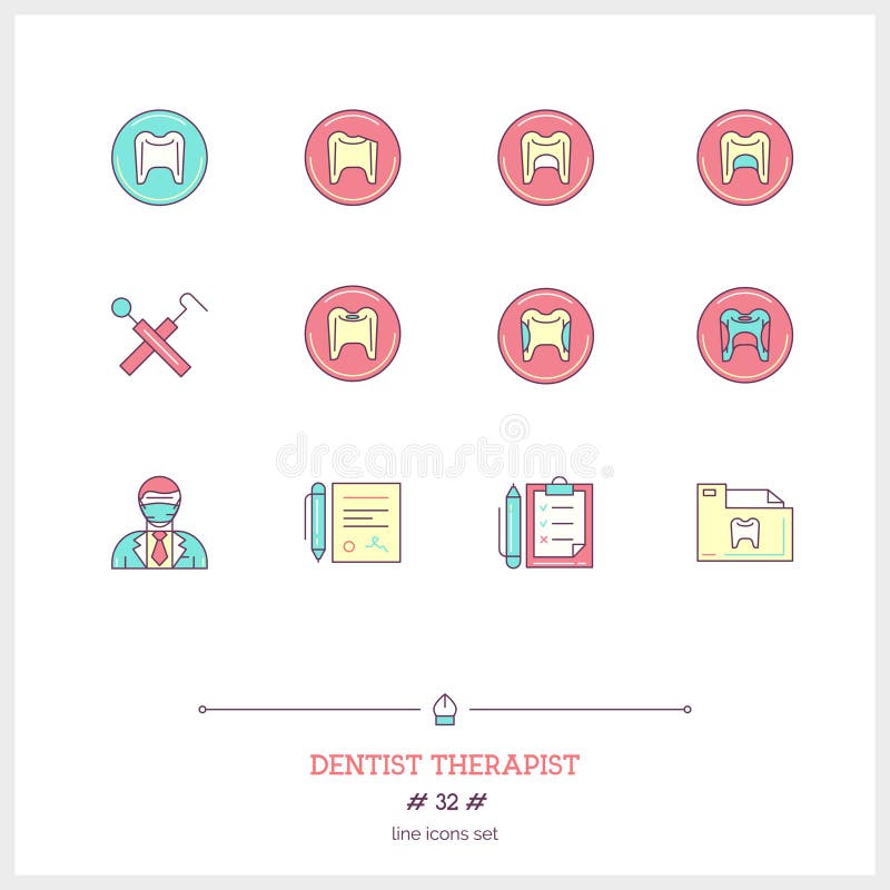 Color Line Icon Set of Dentist Therapist Objects, Tools and Elem Stock ...
