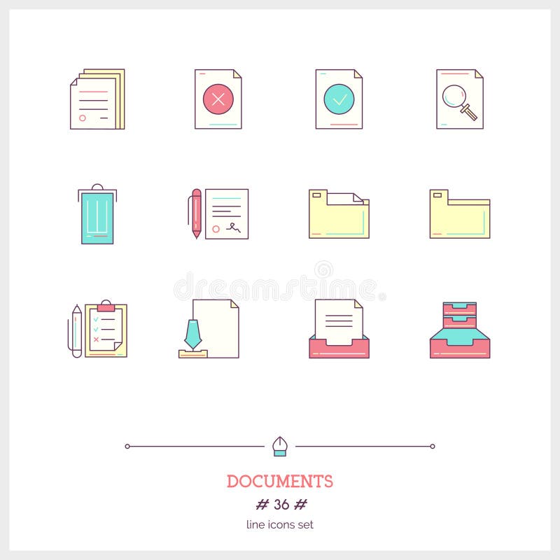 Color Line Icon Set of Office Document Objects. Work with Documents and ...
