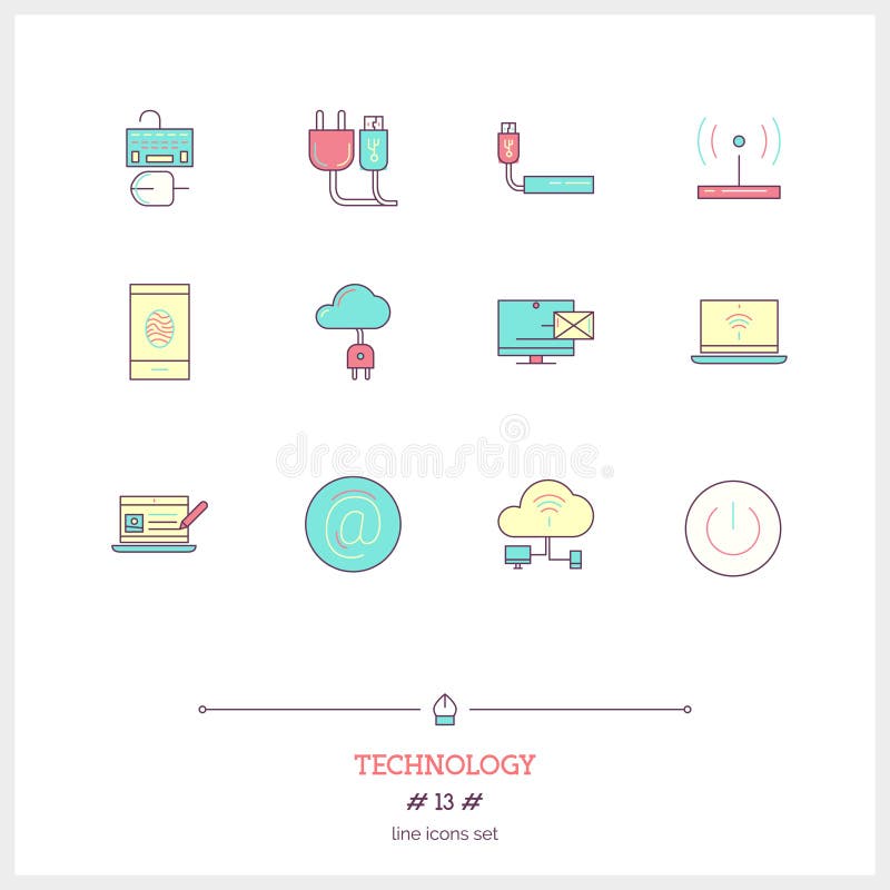 Color Line Icon Set of Technology Equipment, Process, Objects an Stock ...