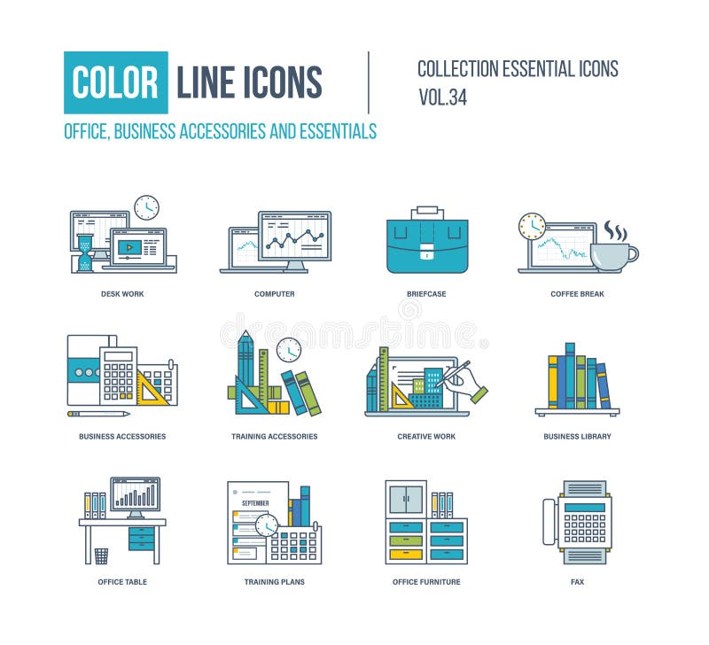 Color Line Icons Collection. Business Accessories and Essentials Stock ...