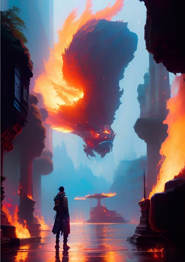 Color of Man Fight with Evil Fire Monster , Ai Generated Stock ...