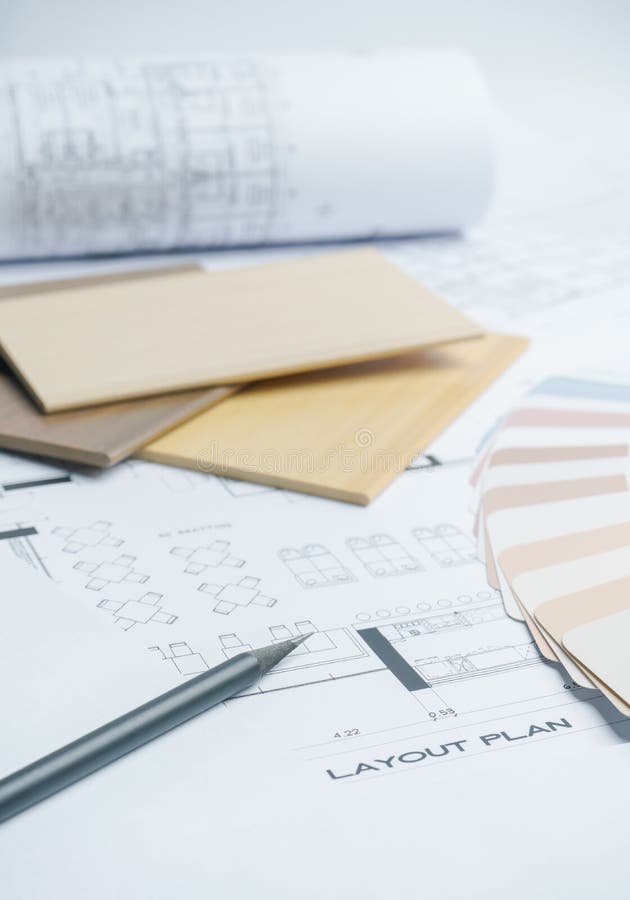 Color and Material Samples on Architectural Drawings of Modern House ...