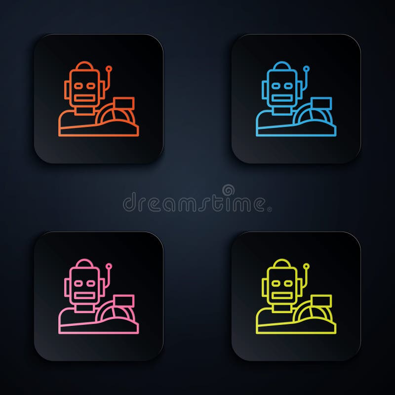 Color Neon Line Robot Humanoid Driving a Car Icon Isolated on Black ...