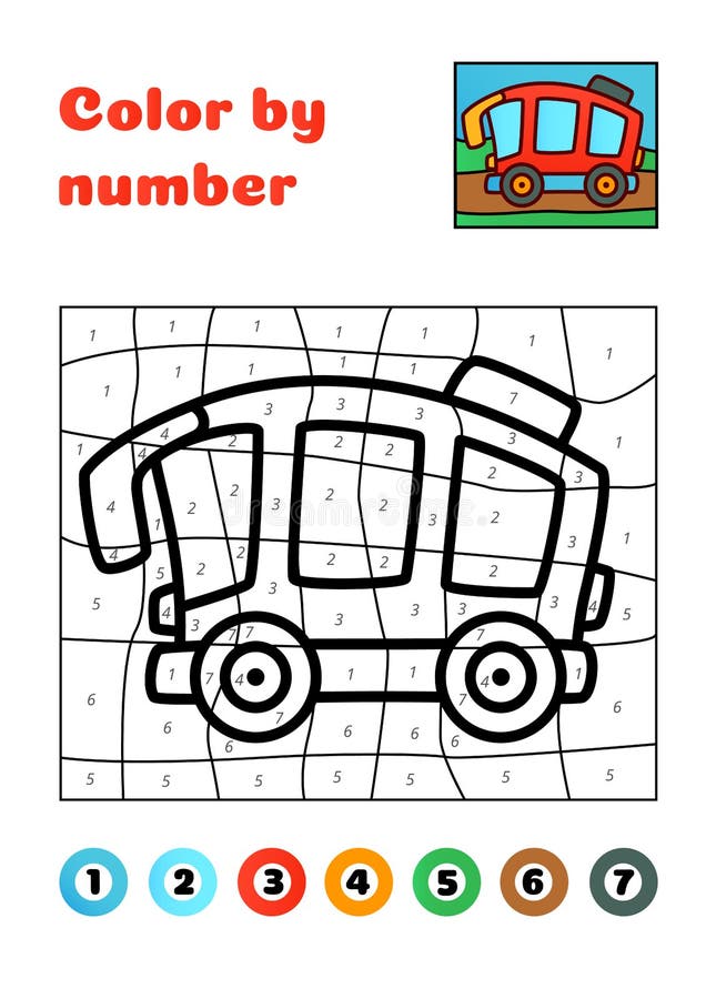 Color by Number Cartoon Cute Reb Bus. Vector EPS10 Stock Vector ...